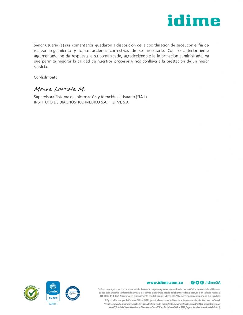 Respuesta a quejas anónimas – IDIME S.A.