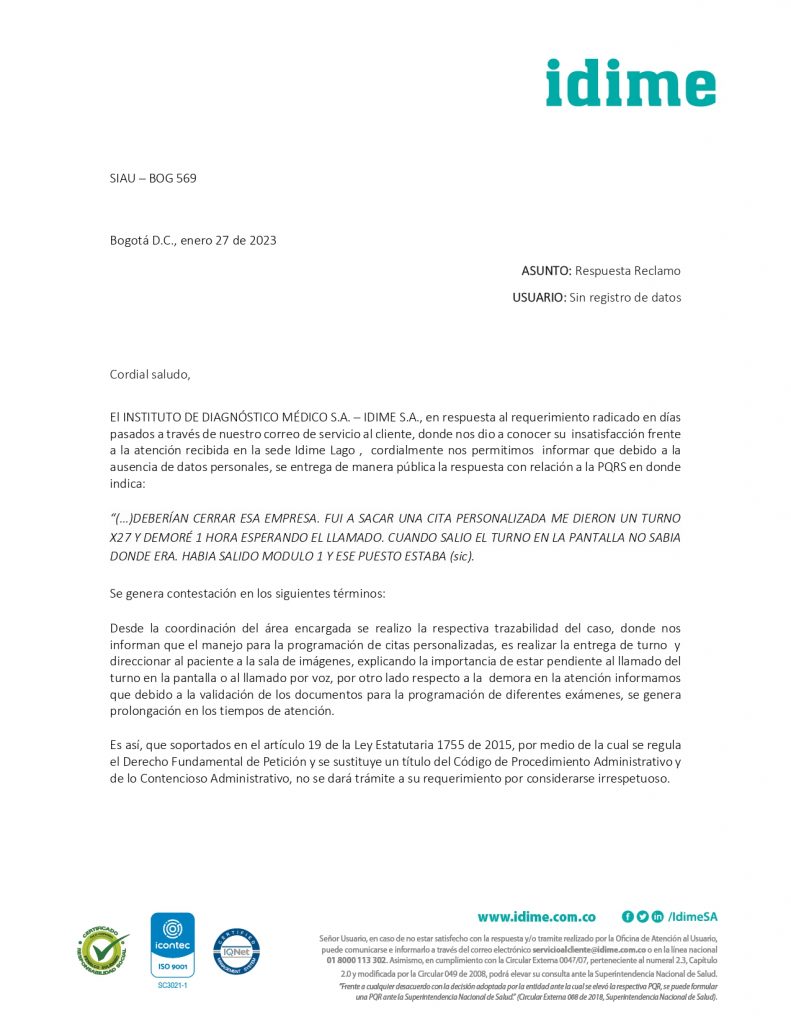 Respuesta a quejas anónimas – IDIME S.A.